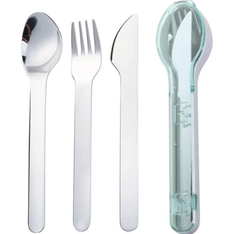 Set Cubiertos Portatil Camping Acero Inoxidable celeste - Devoto Camping