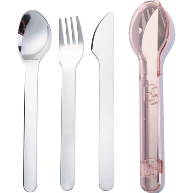Set Cubiertos Portatil Camping Acero Inoxidable rosa - Devoto Camping